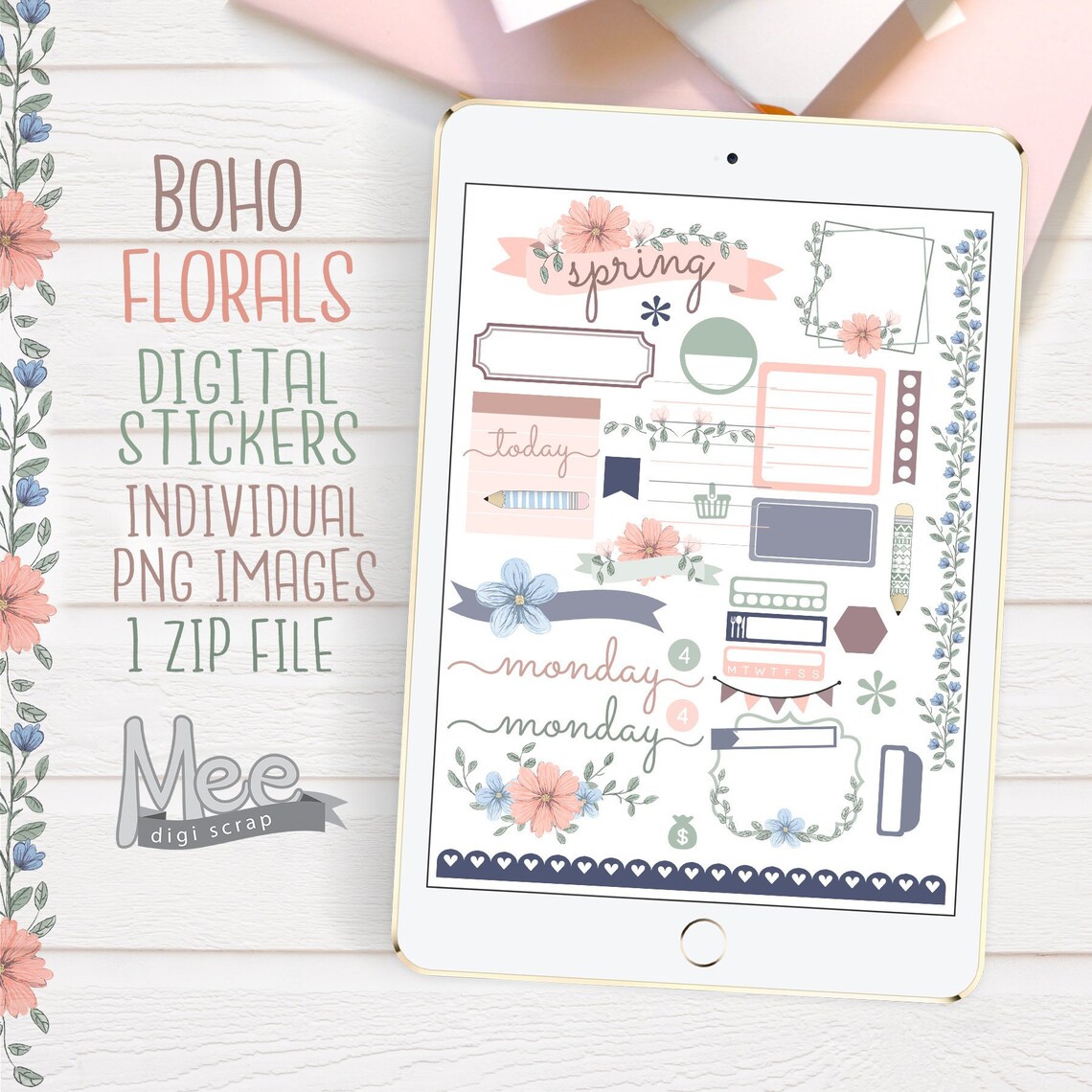 Floral Digital Stickersspring Flowers Digital Stickers for | Etsy