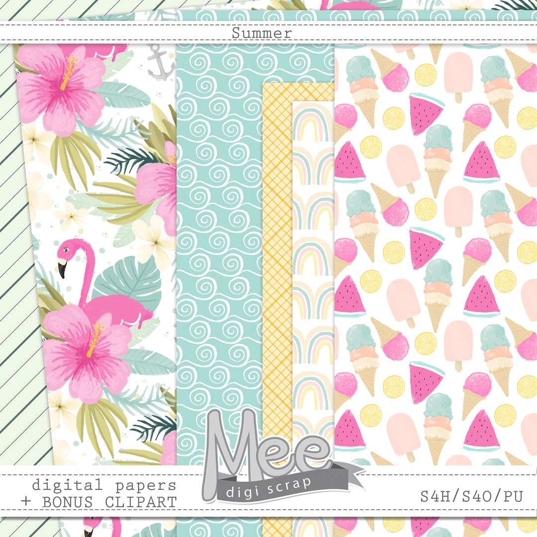 Tropical Summer Digital Paper Set: Flamingo, Pineapple, Florals ...