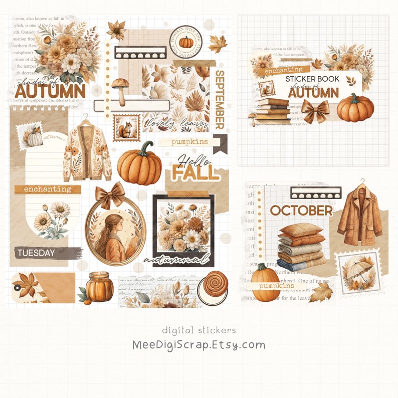 Autumn Digital Stickers: Fall Florals, Scrapbook Planner (PNG) - Etsy