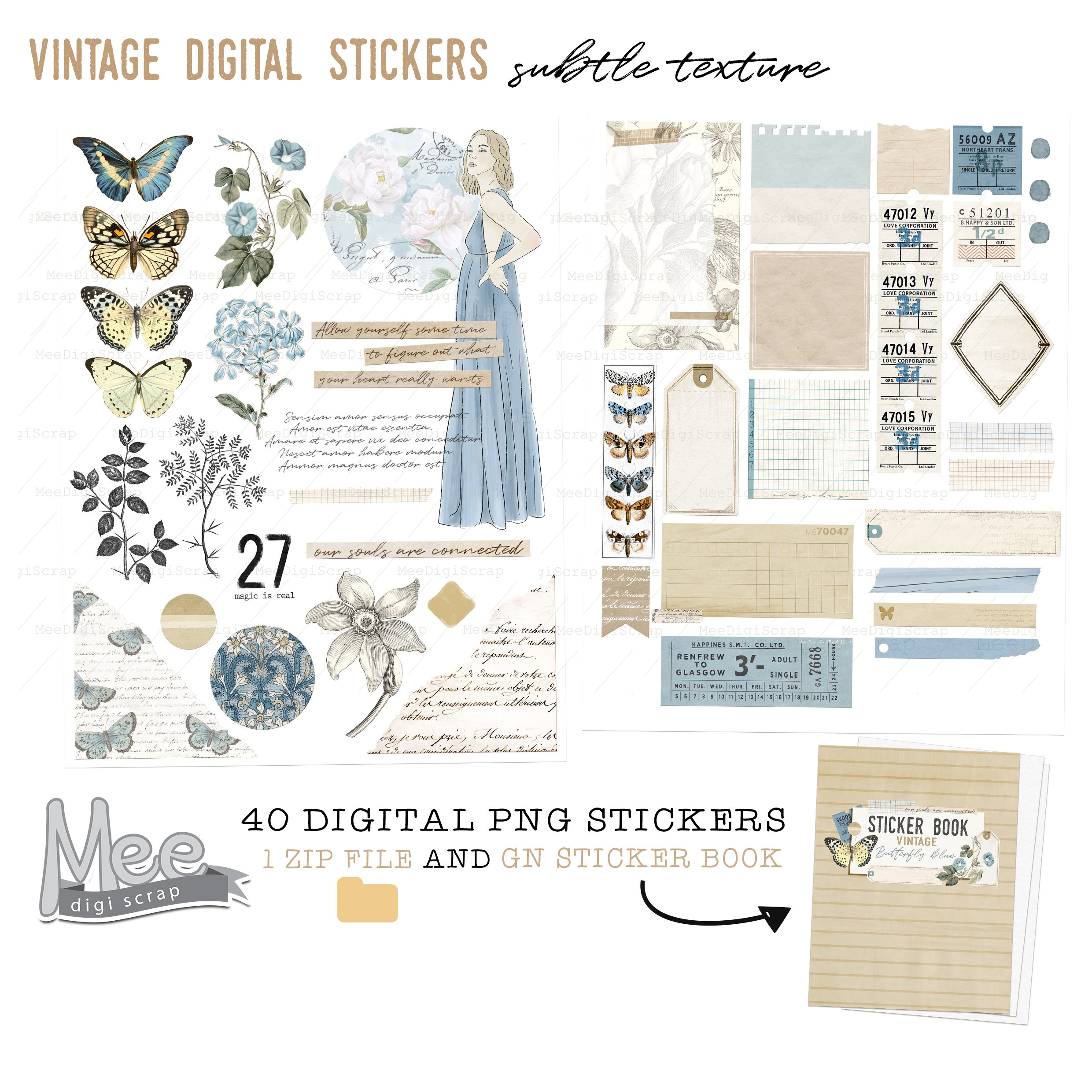 Vintage Style Digital Planner Stickersblue Butterflyvintage - Etsy