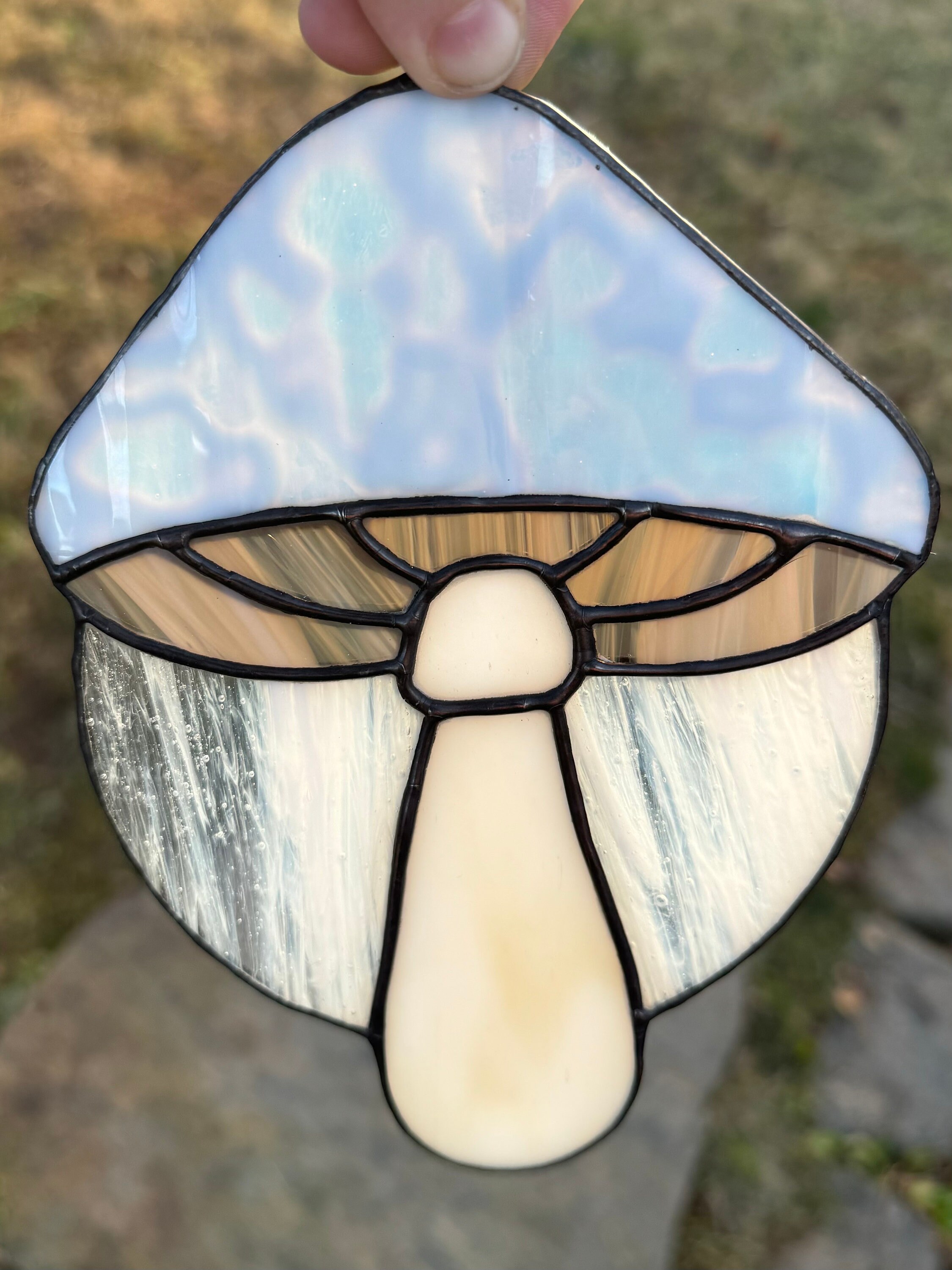 Stained Glass Mushroom Suncatcher Window Hanging Blue Mottled Cap With ...