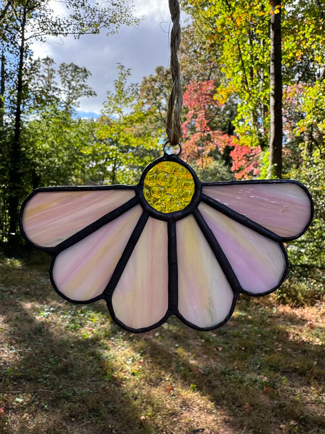 Stained Glass Flower Suncatcher With Chain for Hanging Yellow Center ...