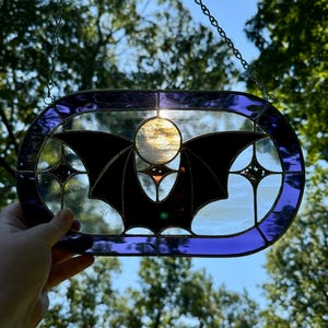 Stained Glass Bat and Moon Suncatcher Window Hanging - MADE TO ORDER ...