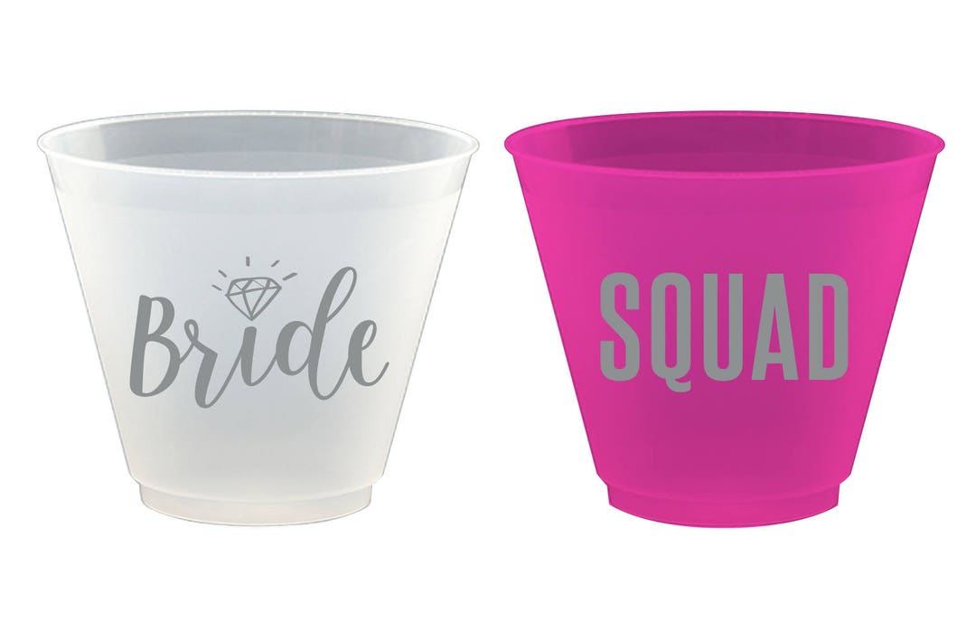 Bride Squad Plastic Wine Cups - 1 White "bride" Cup and 7 Bright Pink ...