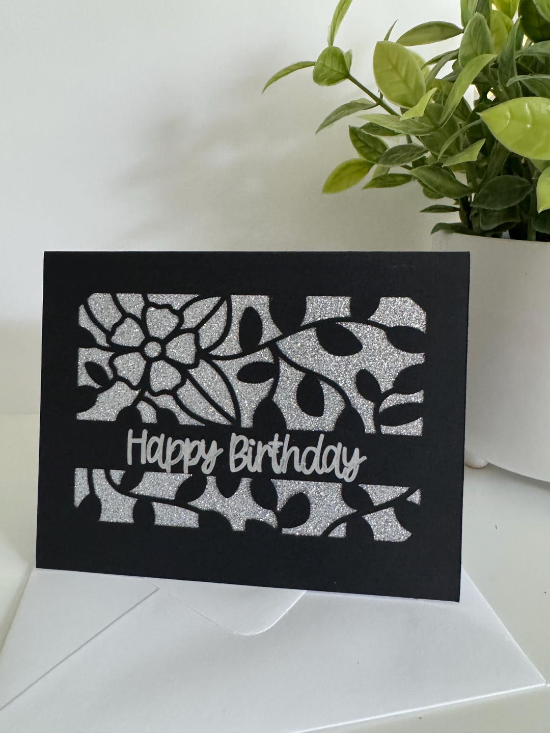 Birthday Card-silver/black/flower/leaves - Etsy