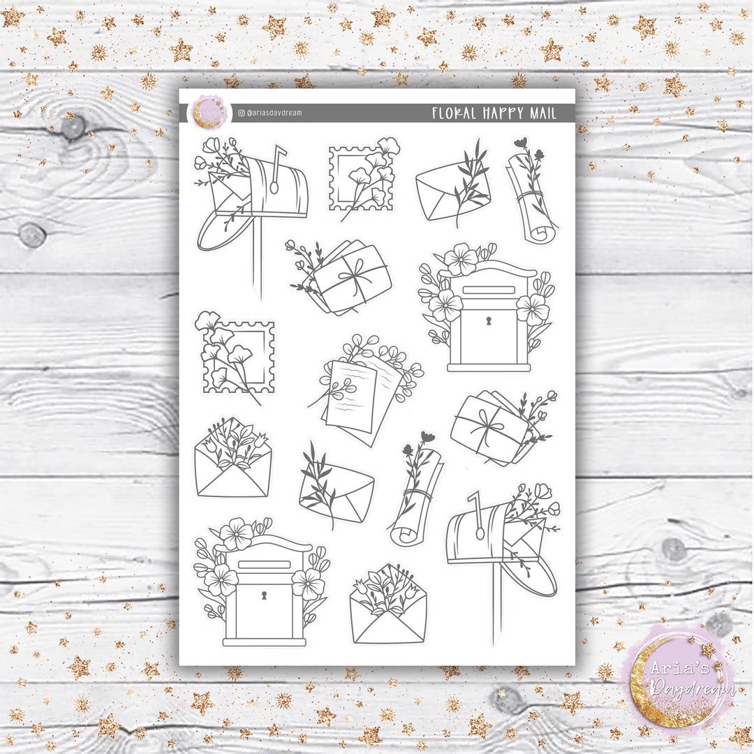 Large Sheet - Floral Happy Mail Stickers - Simple Line Decorative - Etsy