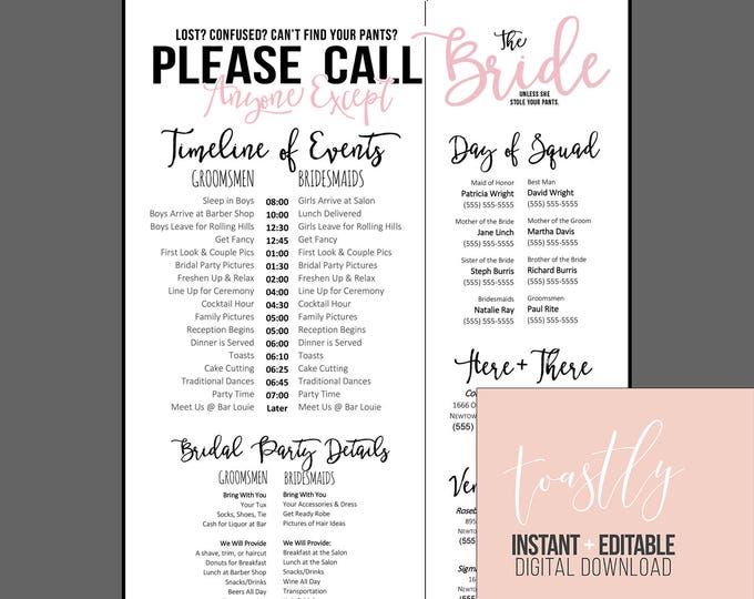 Editable Wedding Timeline Call Anyone Except the Bride Edit in Word ...