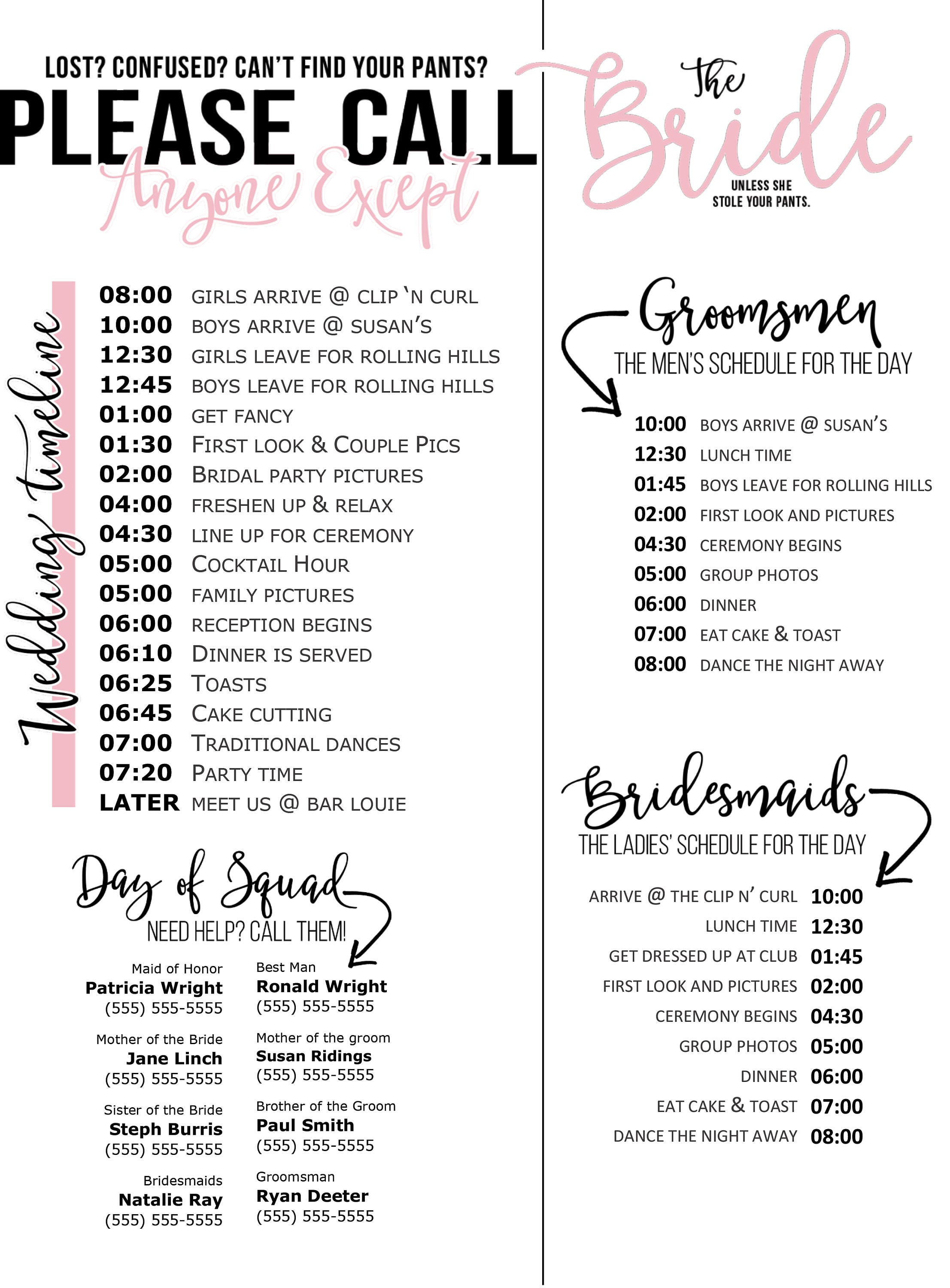 Editable Wedding Timeline Call Anyone Except the Bride - Etsy