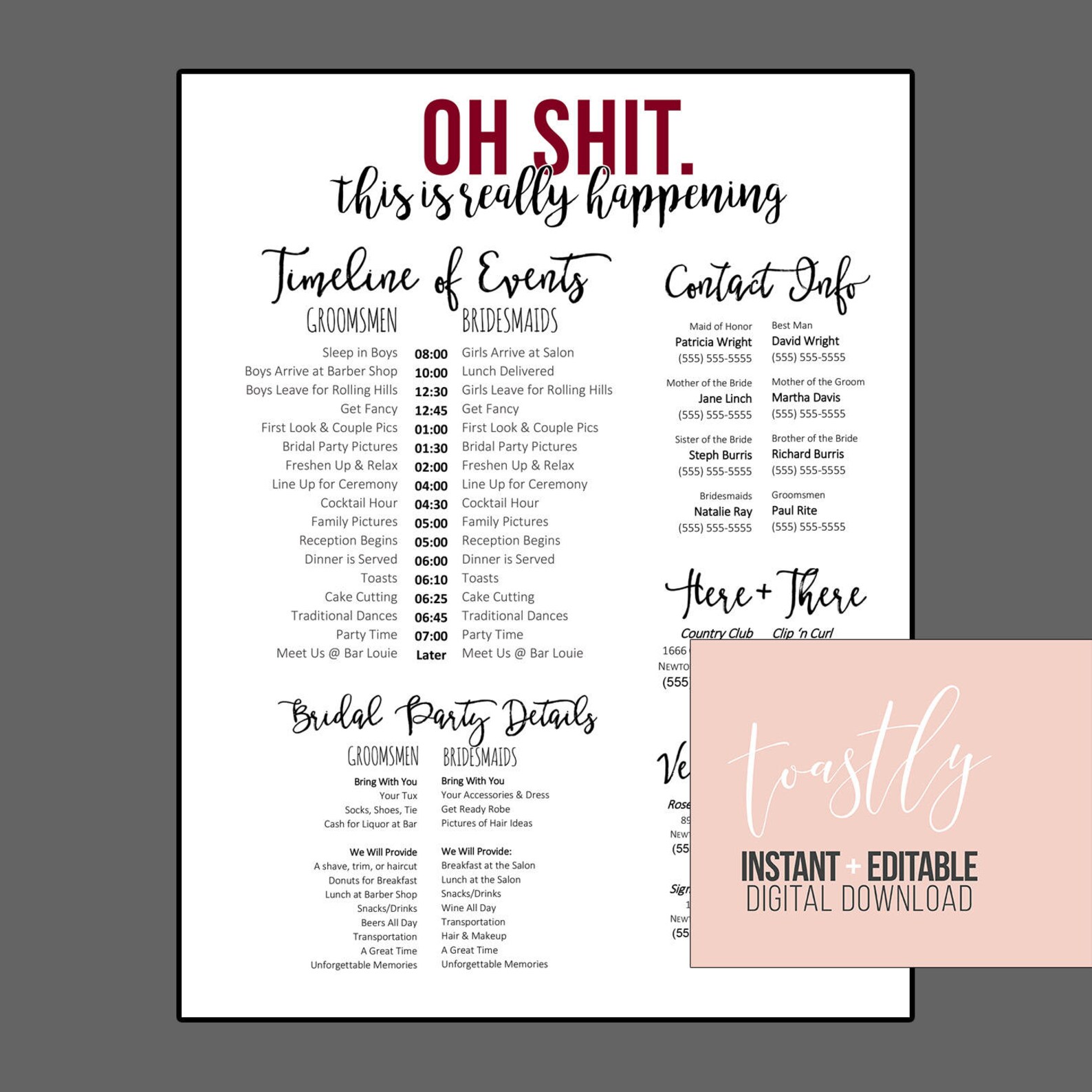 Editable Burgundy Wedding Timeline Oh Shit. This is Really - Etsy