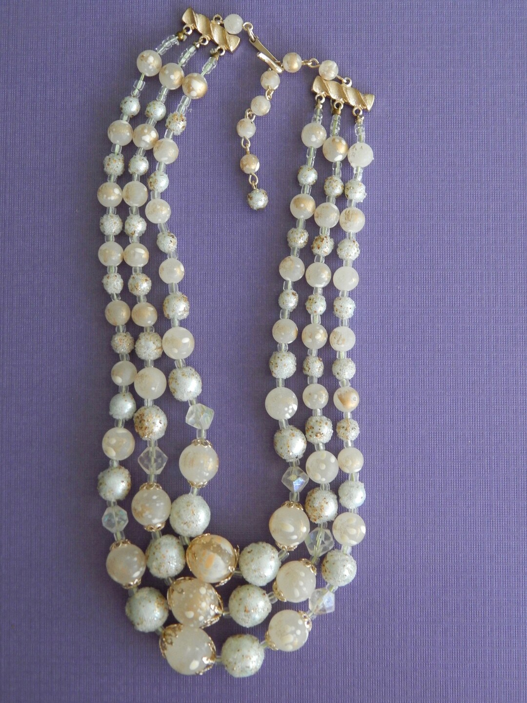 Vintage Draped Layered 3 Strand Ivory Sea Foam Green Gold Tone Metallic ...