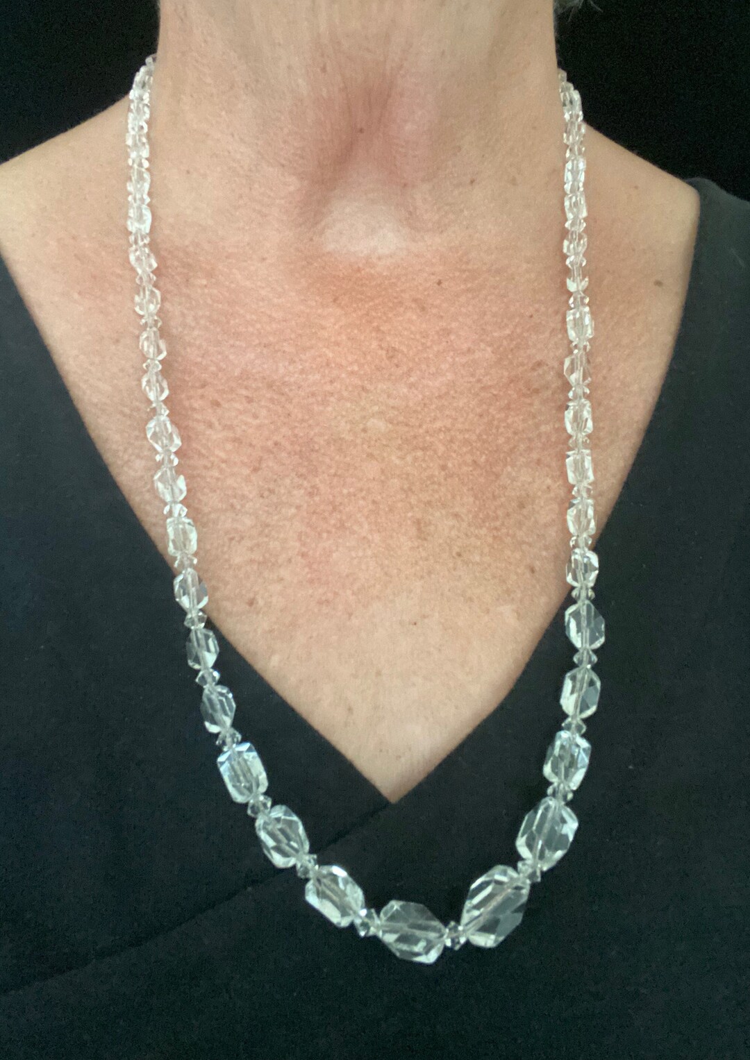 Art Deco Cut Crystal Opera Length Bead Necklace, Sterling Spring Ring ...