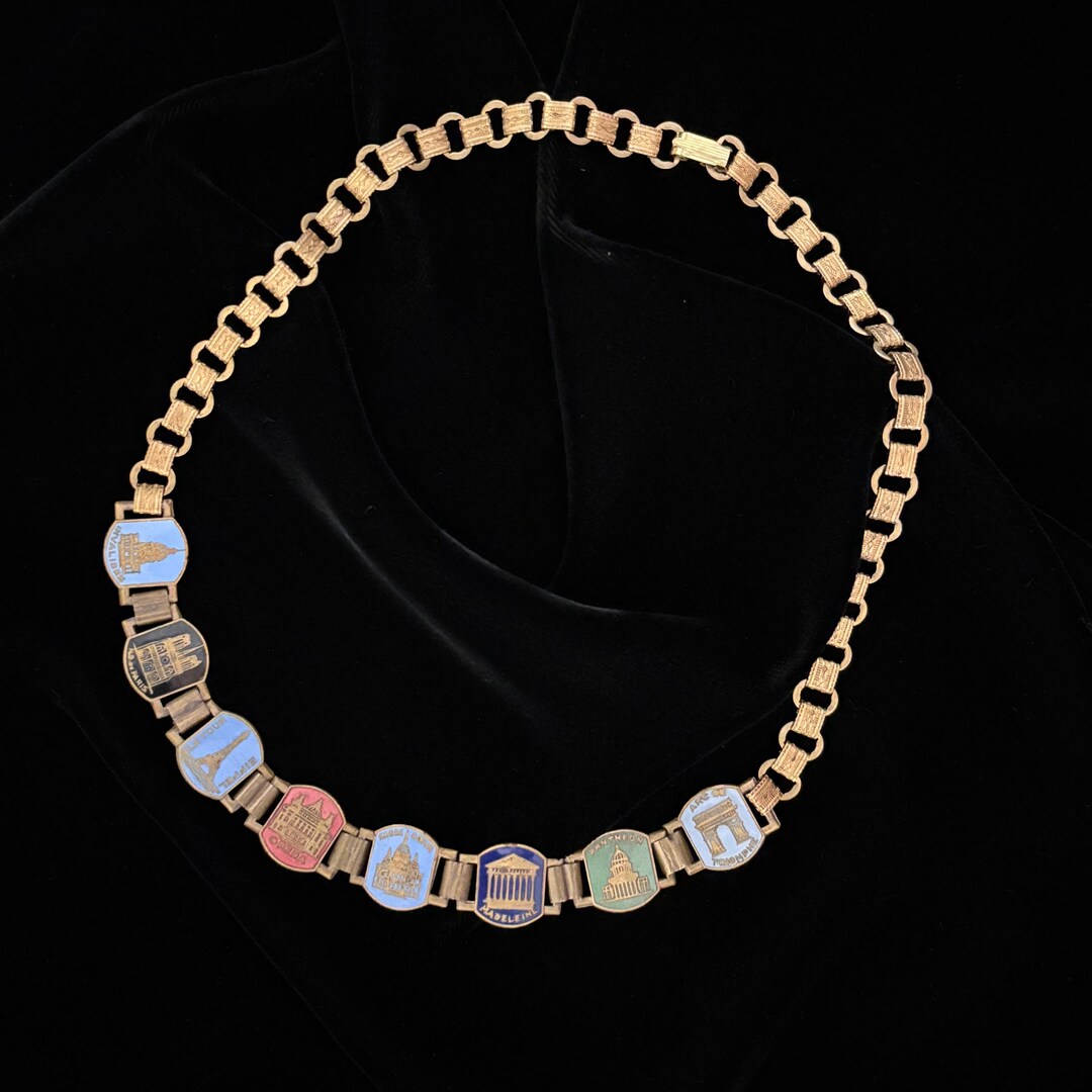 Vintage Paris Scene Book Chain Necklace: Colorful Enamel Souvenir ...