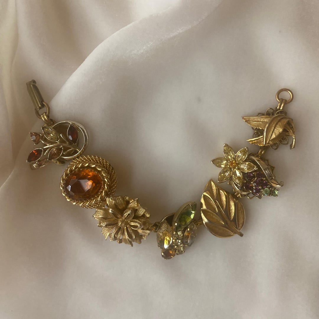 Charm Link Bracelet Made From Repurposed Vintage Topaz Rhinestone ...