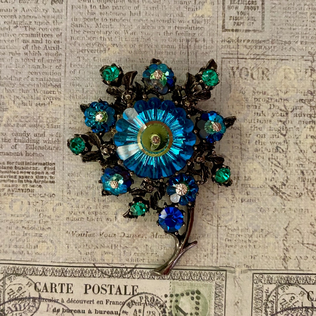 Vintage Weiss Blue Rhinestone Flower Brooch, Margarita Stone Brooch ...