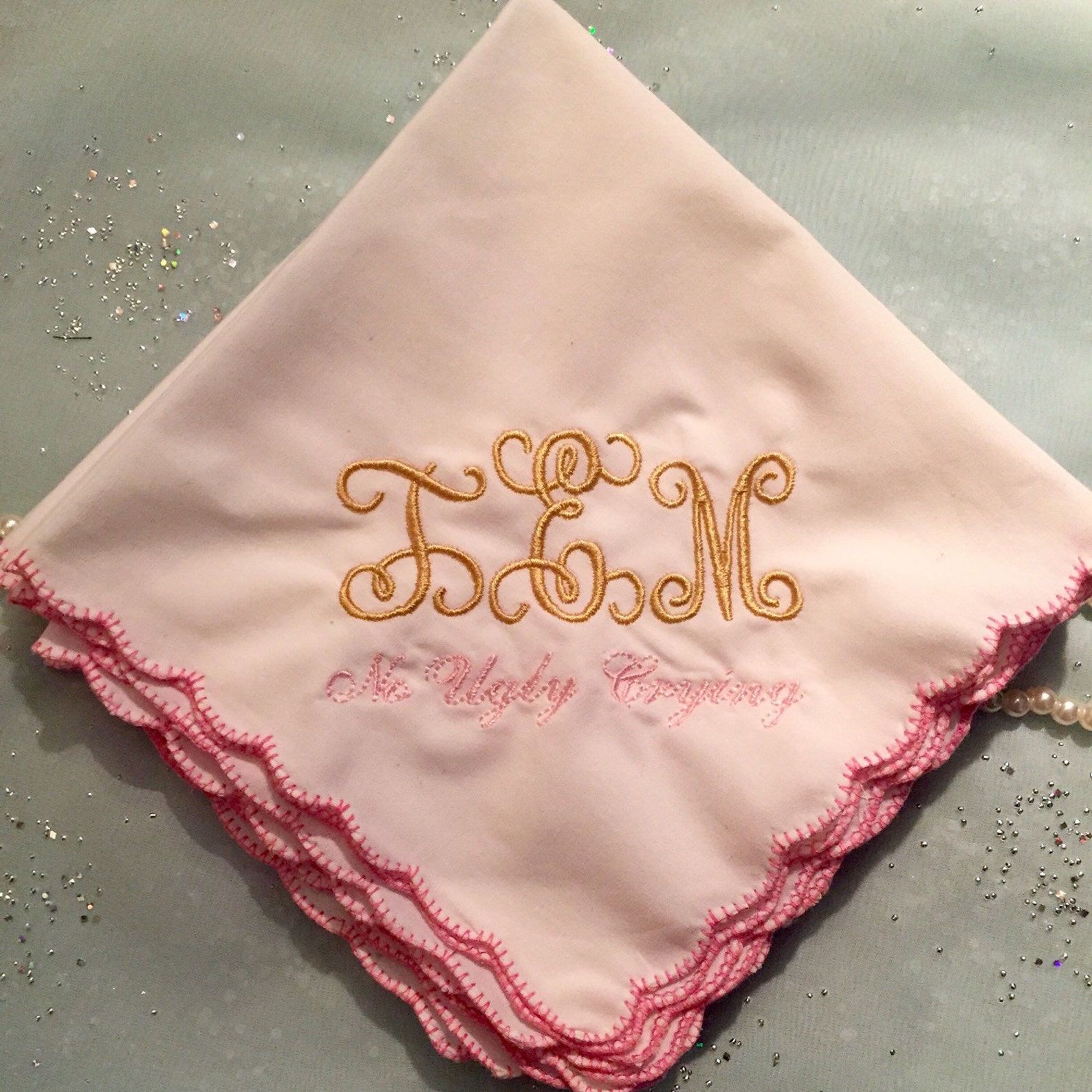 Monogram Wedding Handkerchief With a Pink Edge. Personalized - Etsy