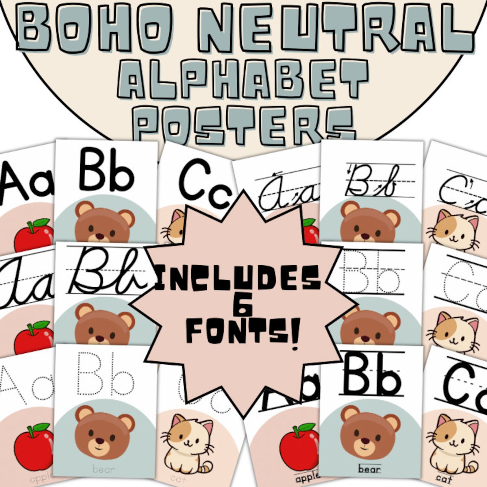 Boho Neutral Alphabet Poster Bundle | 6 Fonts | Educational Wall Art ...