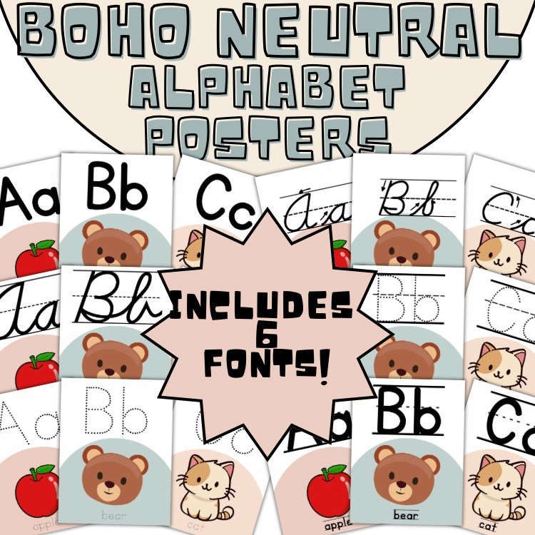 Boho Neutral Alphabet Poster Bundle | 6 Fonts | Educational Wall Art ...