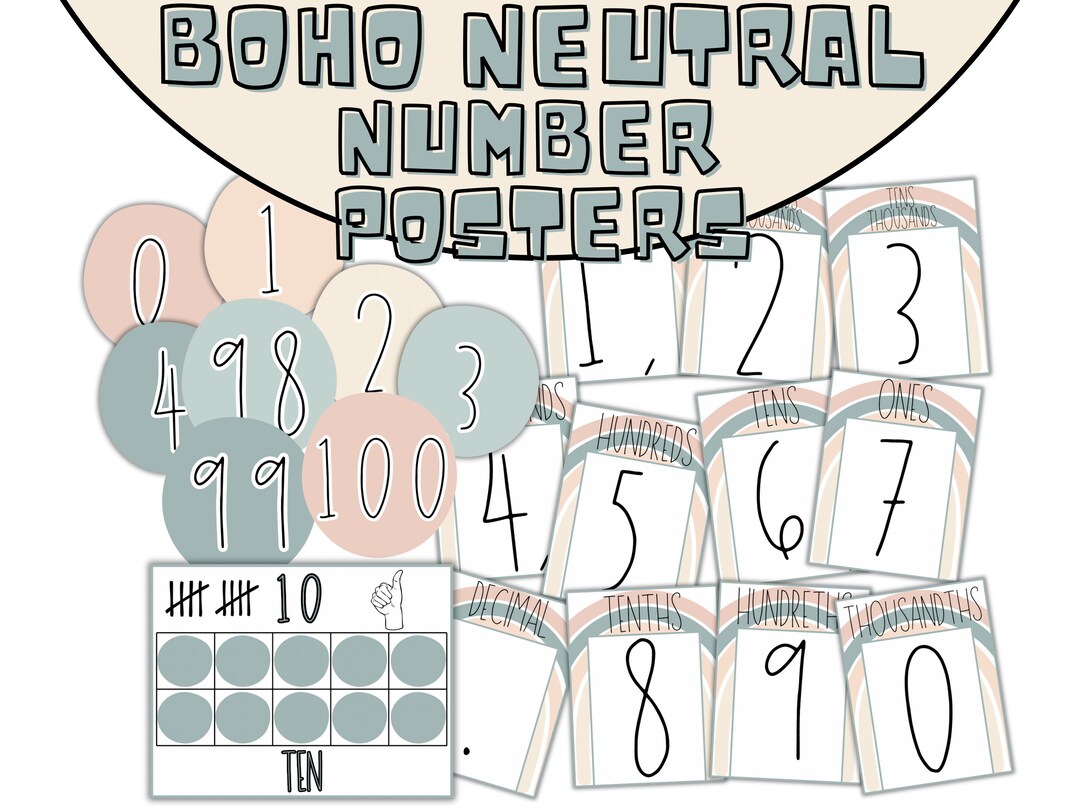 Boho Neutral Number Poster Bundle | Numerals | Place Value Educational ...