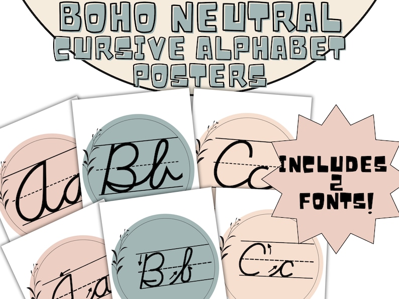 Boho Neutral Cursive Alphabet Poster Bundle | 2 Fonts | Educational ...