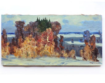 WINTER MOUNTAINS LANDSCAPE Impressionistic Oil Original Signed Painting ...