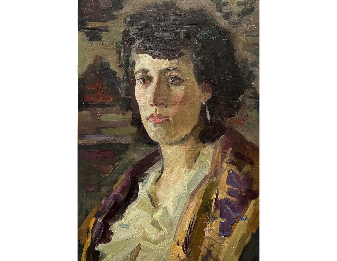 ANTIQUE FEMALE PORTRAIT Mid Century Oil Painting Original by Ukrainian ...