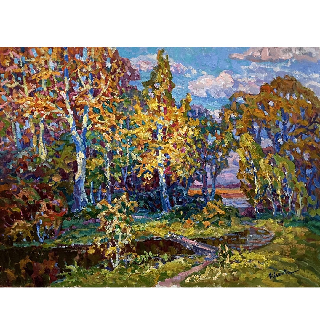 Vintage Original Oil Painting on Canvas Autumn Forest Landscape by ...