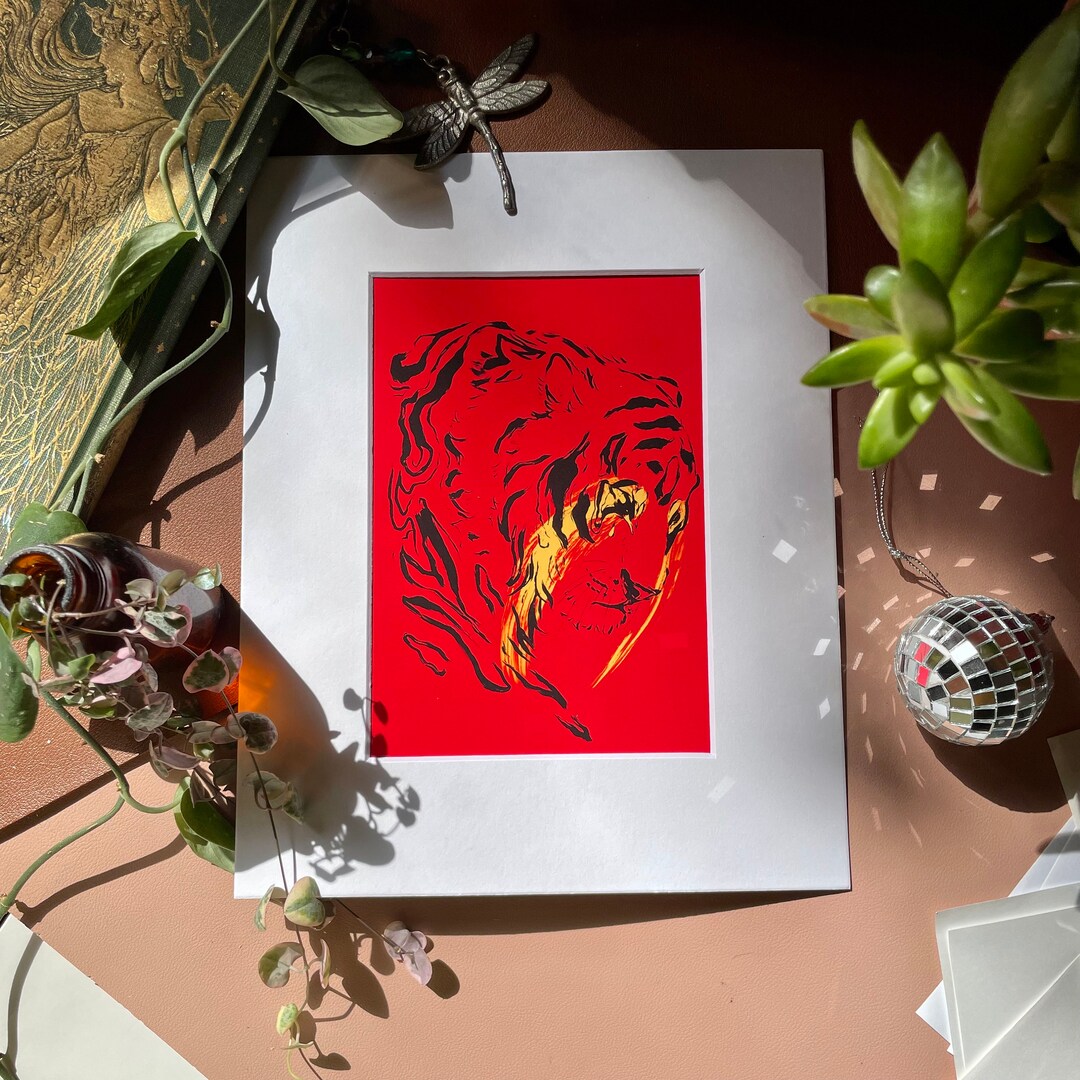 Minimalist Tiger ART PRINT || “evening” Red Animal Wall Art Red Tiger ...
