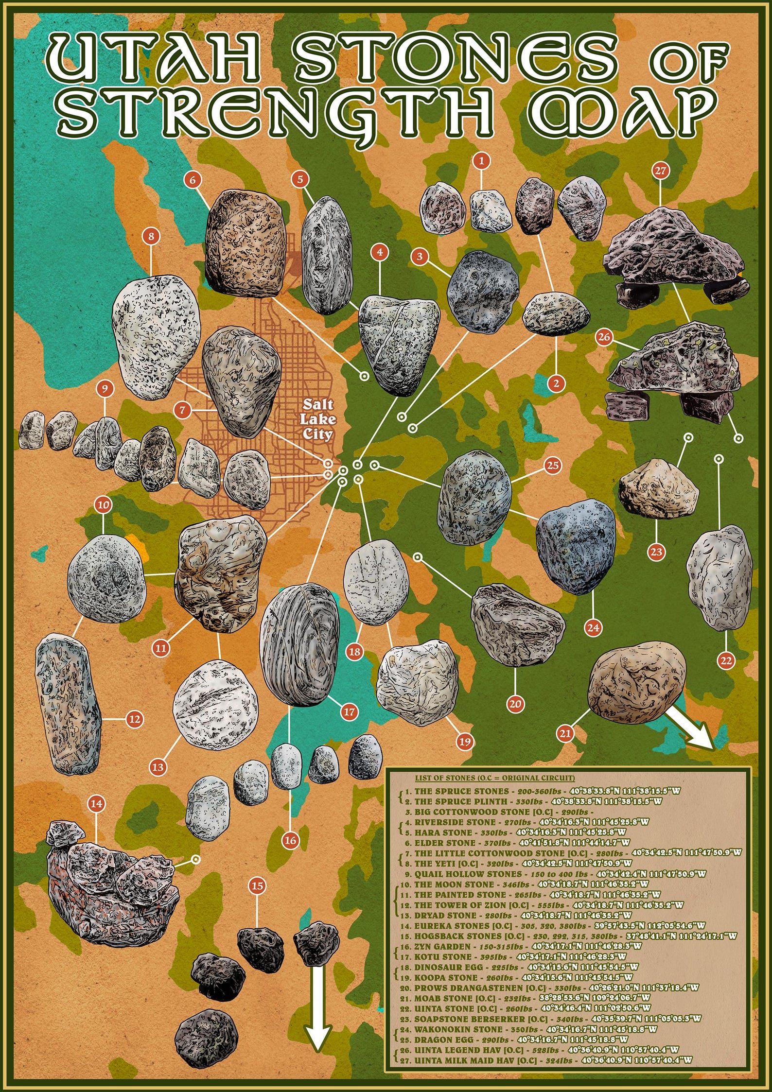 Utah Stone Lifting Map: Hand-drawn Poster Print - Etsy