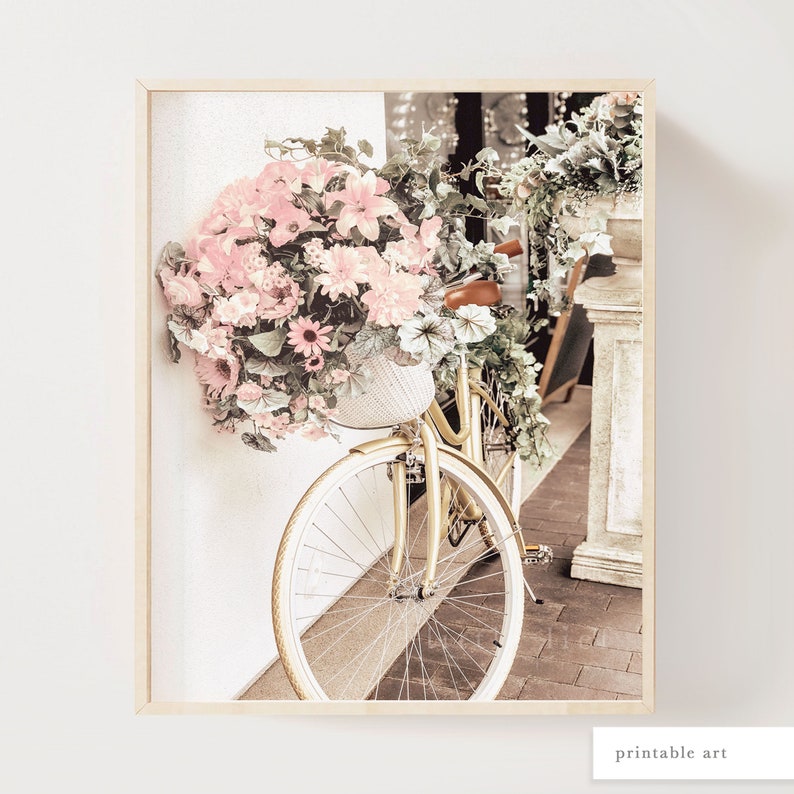 Bicycle Print Wall Art, Pink Floral Print, Printable Wall Art, Pink ...