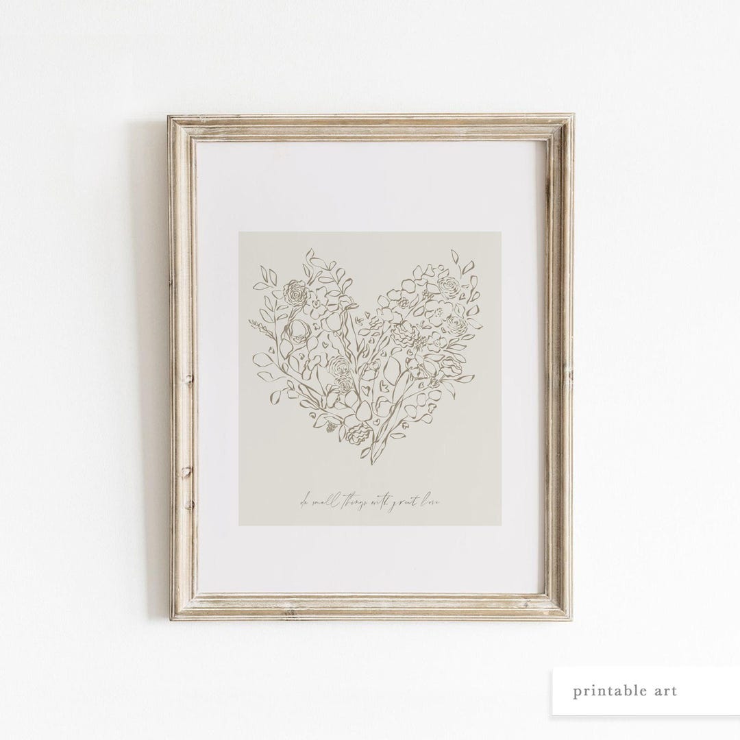 Neutral Floral Heart Wall Art: Line Drawing Illustration - Etsy