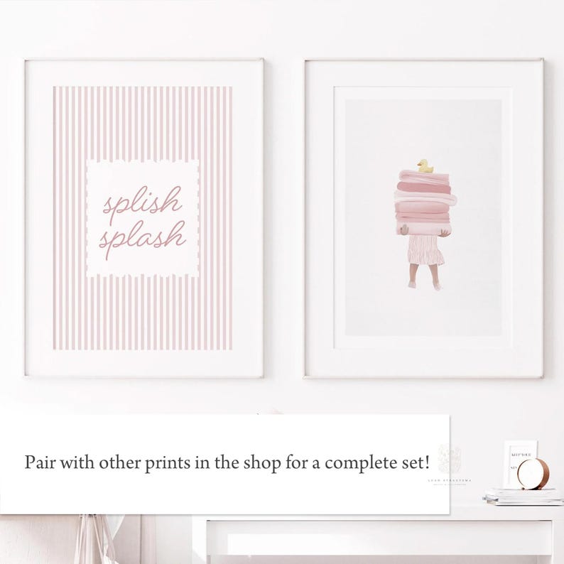 Pink Girls Splish Splash Wall Art - Striped Bathroom Print (digital ...