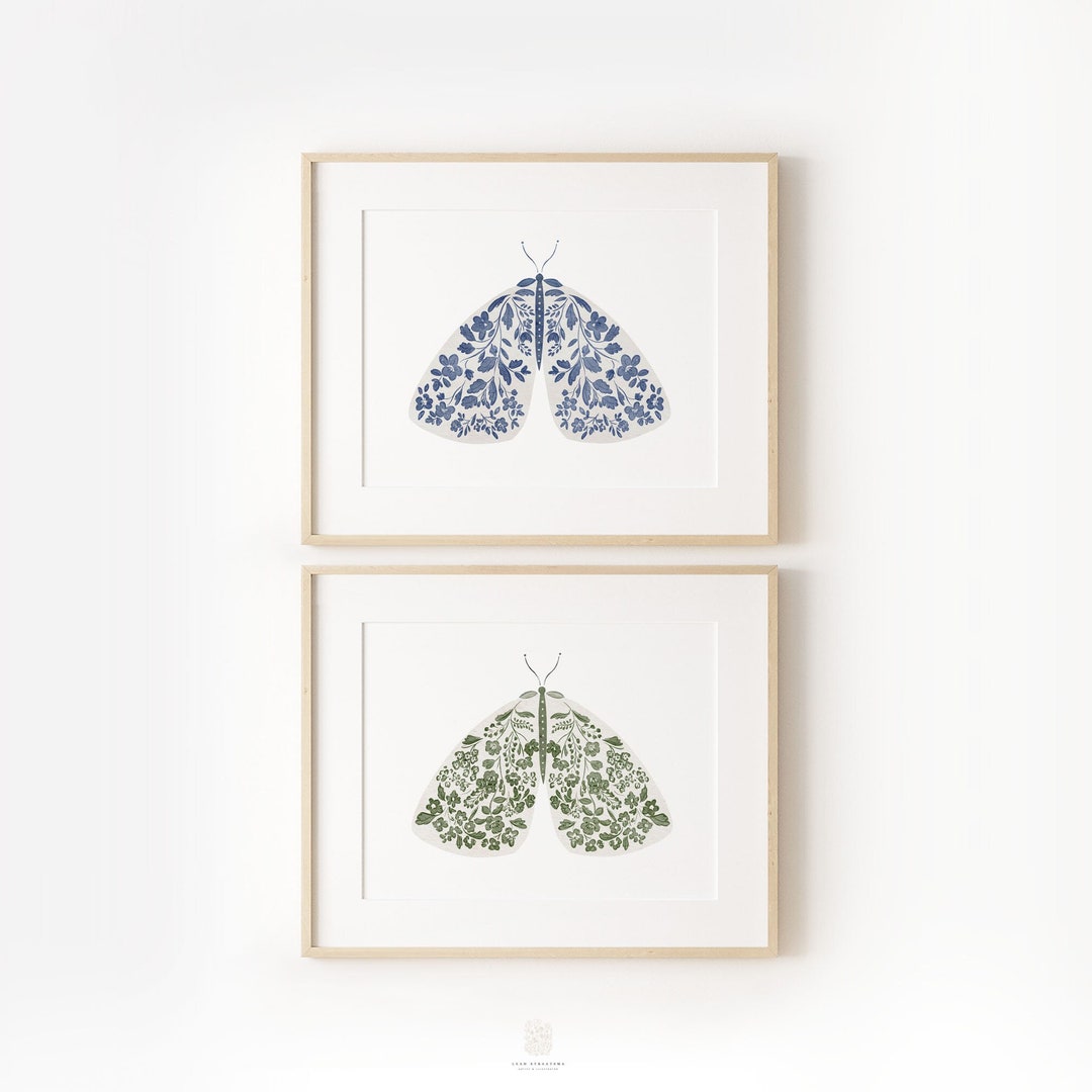 Botanical Moth Prints, Printable Wall Art, Floral Moth Art, Blue and ...