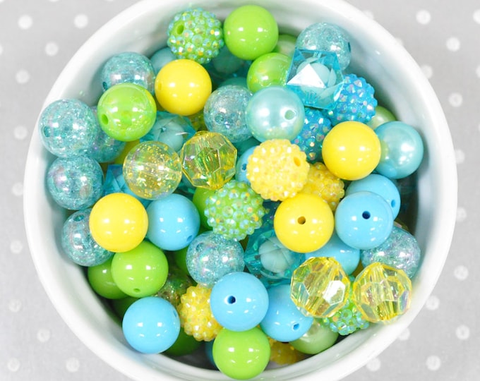 16mm Summer Fun Bubblegum Bead Mix, Yellow Lime Blue Beads, 16mm Chunky ...