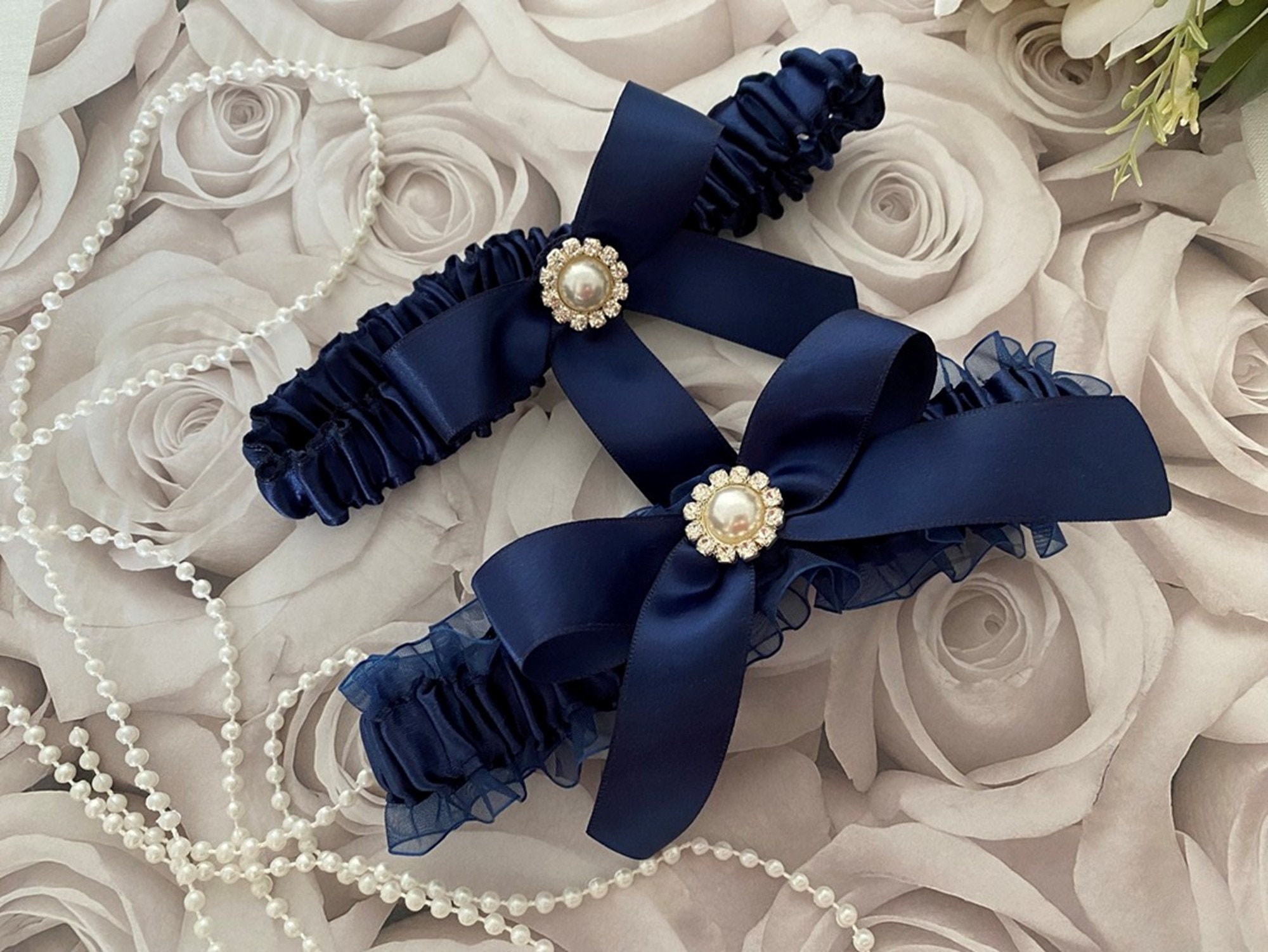 Navy Blue Wedding Garter, Blue Garter Set, Blue Organza Garter, Wedding ...