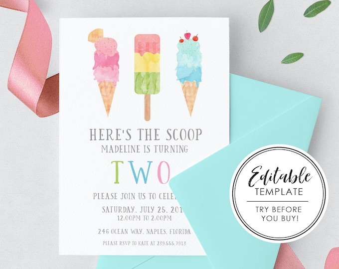 Here's the Scoop Ice Cream Birthday Invitation | Etsy