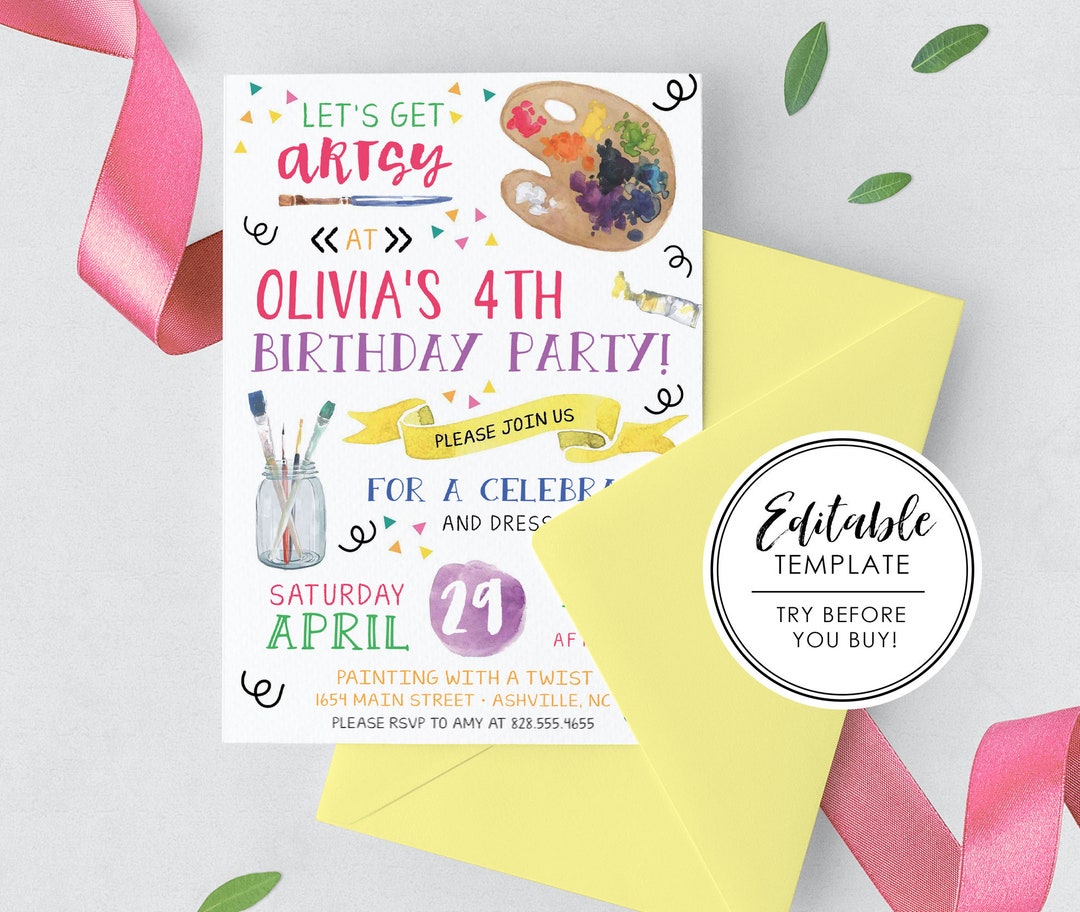 Let's Get Artsy, Art Party Watercolor Birthday Invitation, Printable ...