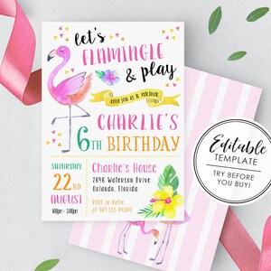 Let's Flamingle! Watercolor Flamingo Birthday Invitation - EDITABLE ...