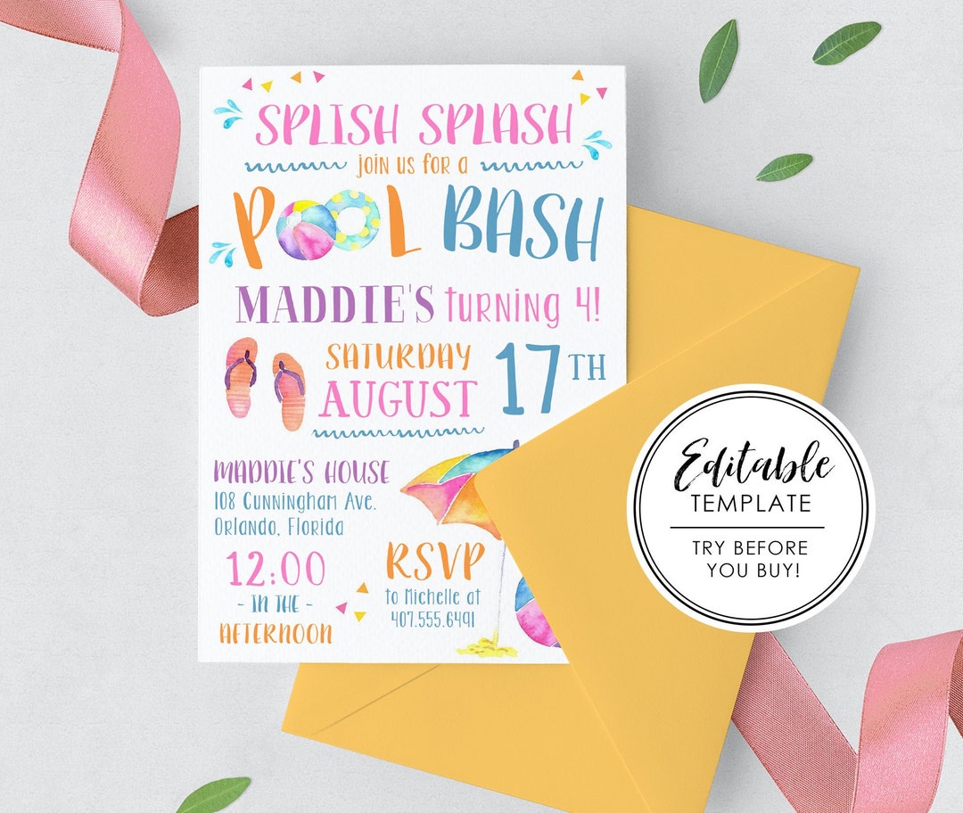 Printable Watercolor Pool Party Birthday Invitation - EDITABLE TEMPLATE ...