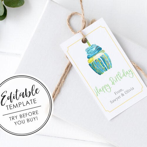 Watercolor Cupcake Birthday Printable Gift Tag EDITABLE - Etsy