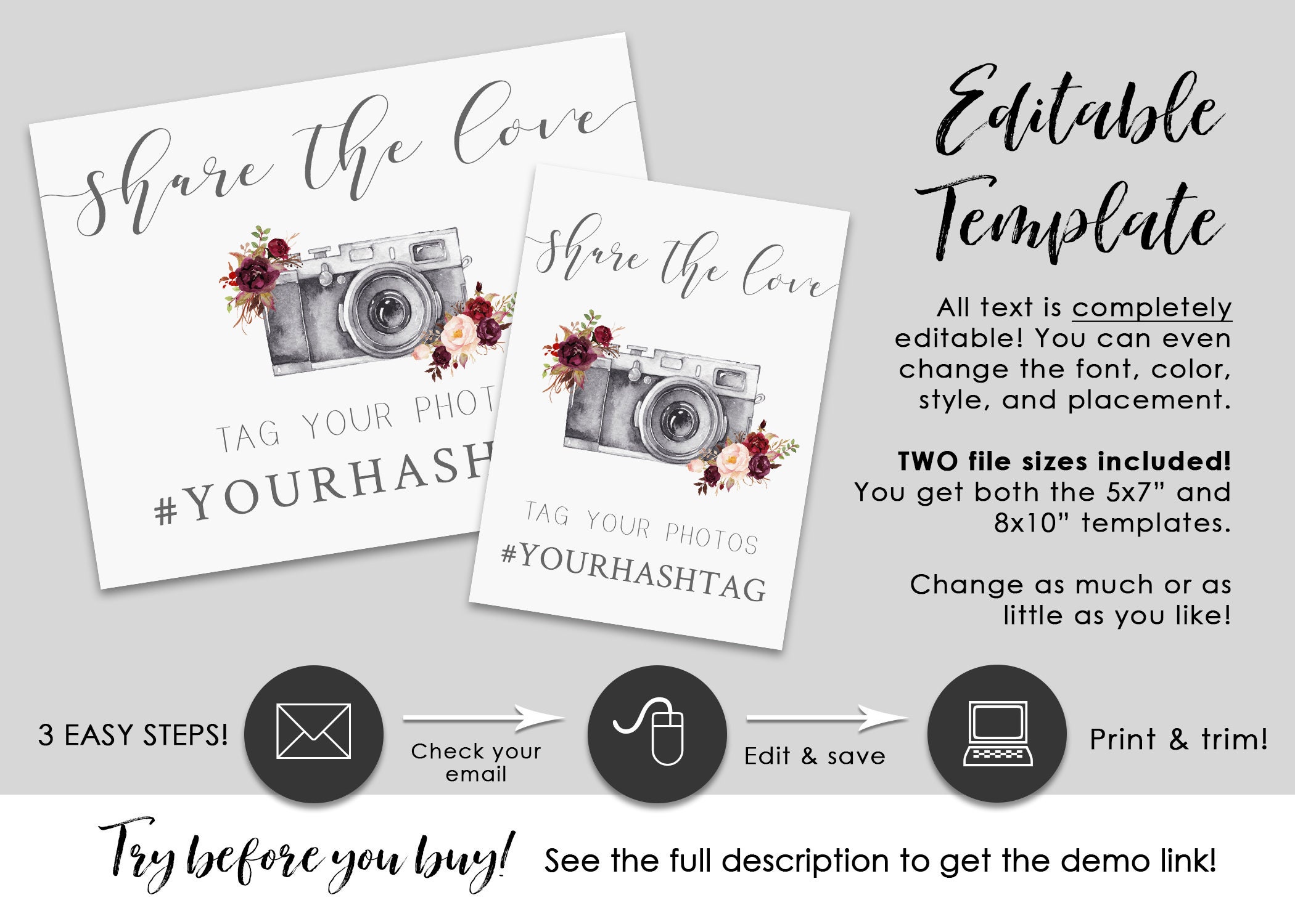 Social Media Hashtag Sign Printable Wedding Sign Editable - Etsy