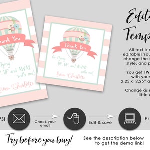 Hot Air Balloon Birthday Favor Gift Tag, Printable - EDITABLE TEMPLATE ...