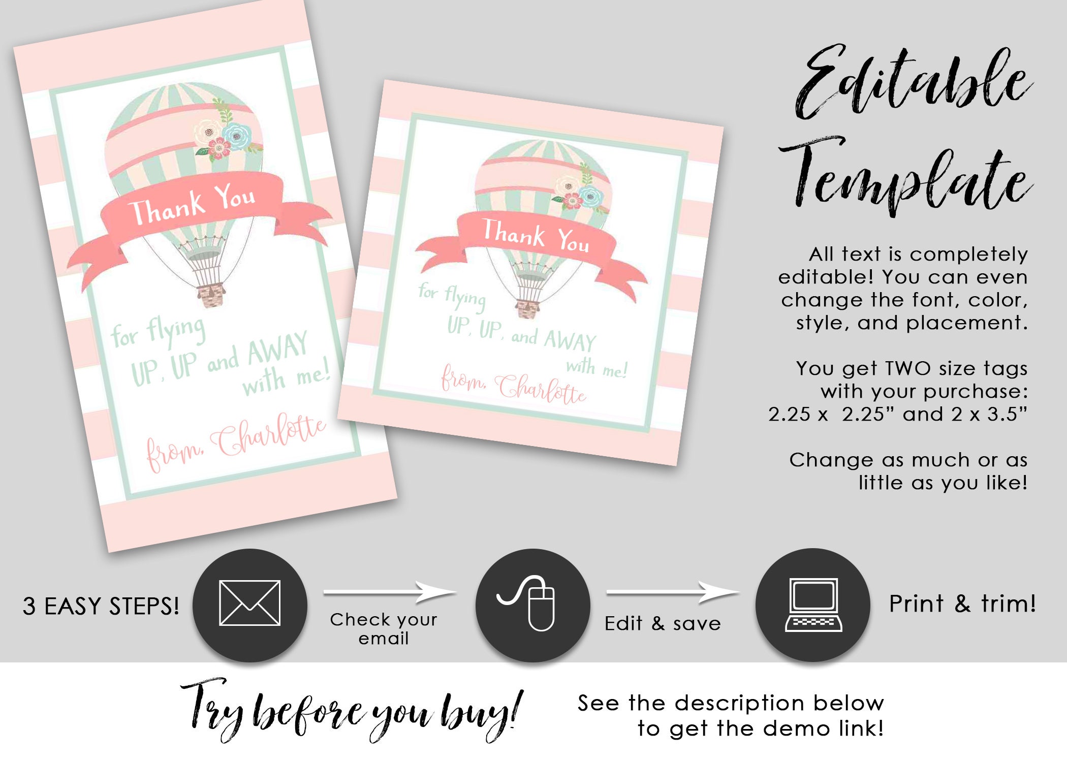 Hot Air Balloon Birthday Favor Gift Tag, Printable - EDITABLE TEMPLATE ...