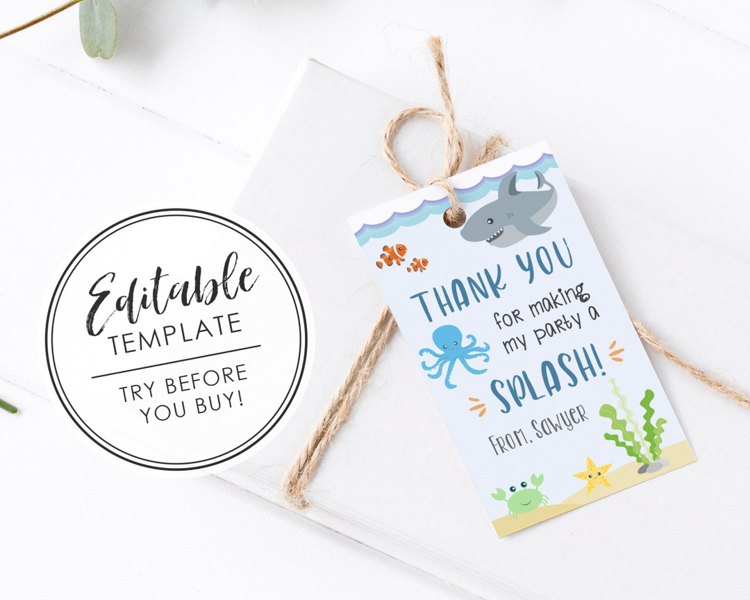 Printable Under the Sea Shark Birthday Favor Gift Tag - EDITABLE ...
