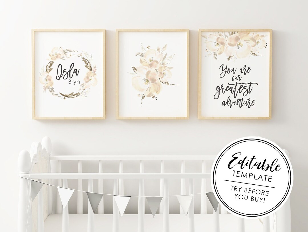 Floral Watercolor - Printable Nursery Art - Editable Templates - Etsy