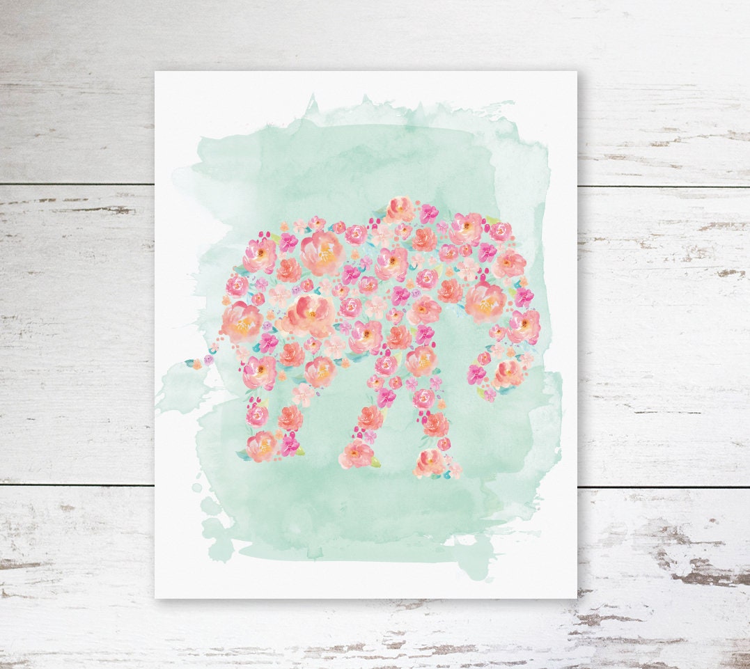 Watercolor Elephant With Pink Flowers Printable Nursery Art - Etsy