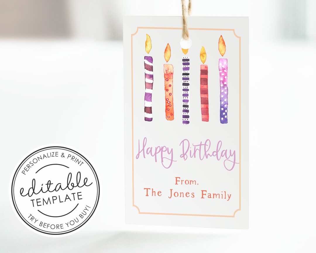 Watercolor Birthday Candles Birthday Printable Gift Tag - EDITABLE ...