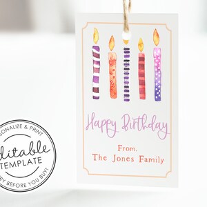 Watercolor Birthday Candles Birthday Printable Gift Tag - EDITABLE ...