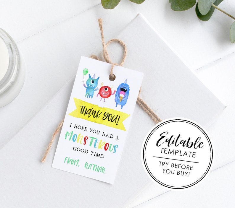Printable Monster Birthday Favor Gift Tag EDITABLE TEMPLATE | Etsy