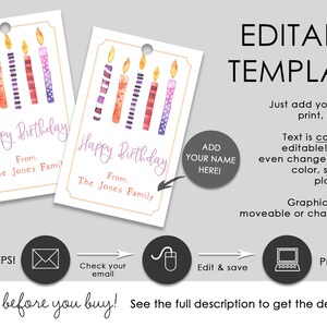 Watercolor Birthday Candles Birthday Printable Gift Tag - EDITABLE ...