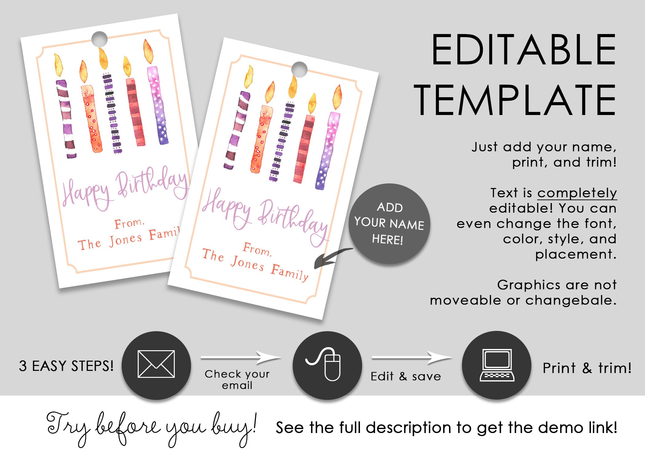 Watercolor Birthday Candles Birthday Printable Gift Tag - Etsy